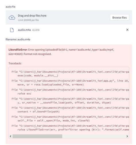 Unable To Load M4a Files With Librosaload In Streamlit Run Using Streamlit Streamlit