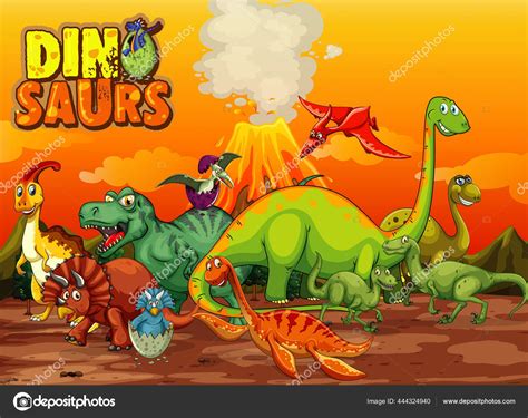 Dinosaurs Cartoon Character Nature Scene Illustration Stock Vector