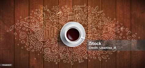 나무 배경에 커피 컨셉화이트 커피 컵 커피 콩 아침 에스프레소 카페 아침 식사에 대 한 낙서 그림으로 평면도 아침 커피 벡터 일러스트입니다 손 그리기 및 커피 그림 가까운에