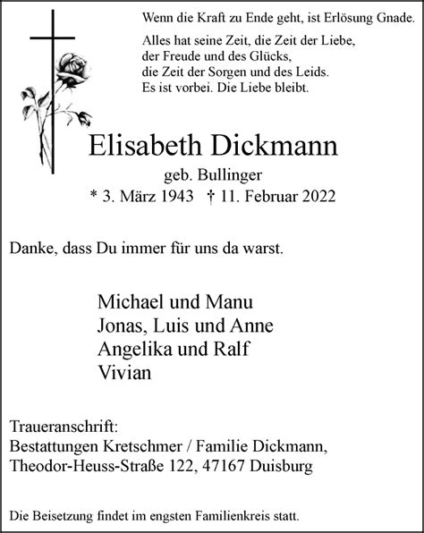 Traueranzeigen Von Elisabeth Dickmann Trauer In Nrwde