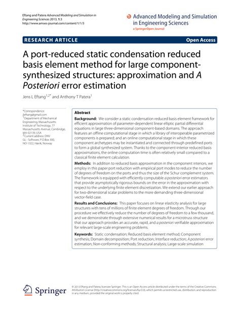 Pdf A Port Reduced Static Condensation Reduced Basis Element Method For Large Component