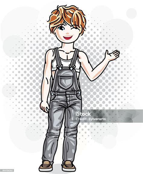 귀여운 빨강 머리 소녀 청바지에 착용 인간 서의 벡터 그림입니다 감정에 대한 스톡 벡터 아트 및 기타 이미지 감정 귀여운