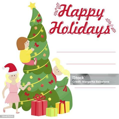 축제 장식 나무 여자는 새해와 크리스마스 벡터 일러스트 해피 홀리데이 엽서를 위한 선물을 엽니 다 가족에 대한 스톡 벡터 아트 및 기타 이미지 Istock