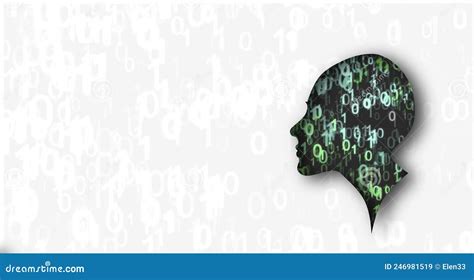 Silhouette Of A Human Head Profile With A Binary Code Made Up Of A Green Digits Stock