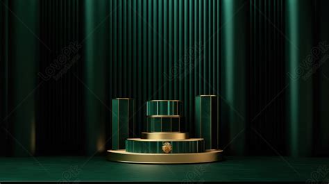 진한 녹색 3d 실린더 연단 벽 배경에 골드 라인 장식이 있는 고급스러운 수직 제품 디스플레이 연단 배경 라인 장식 배경 생산 라인 배경 이미지 Hd 연단 라인