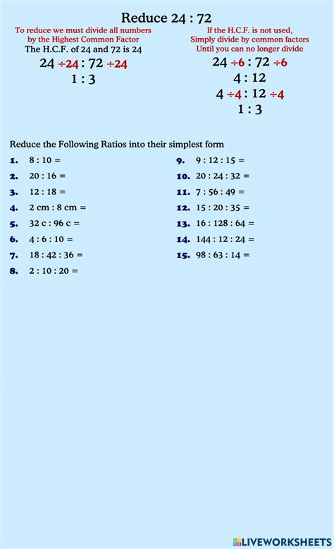 Simplifying Ratios Online Exercise For Live Worksheets