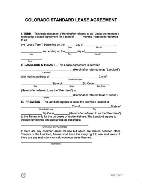 Free Colorado Rental Lease Agreement Templates Pdf Word