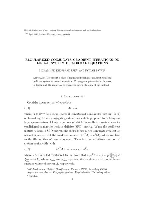 Pdf Regularized Conjugate Gradient Iterations On Linear System Of
