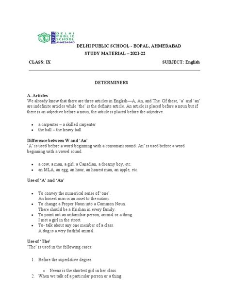 Study Notes Determiners Pdf Noun Plural