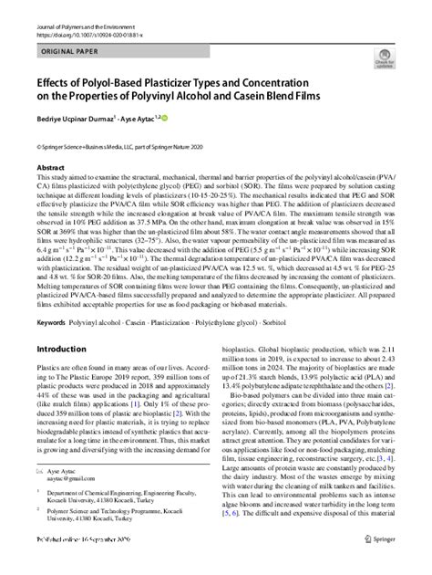 Pdf Effects Of Polyol Based Plasticizer Types And Concentration On