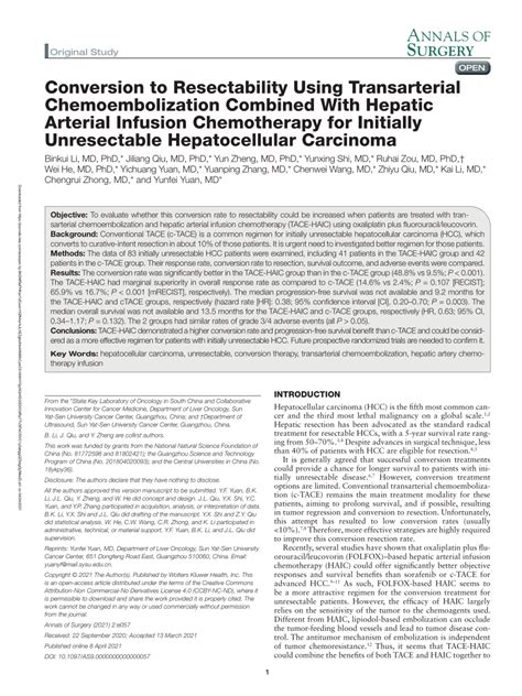 Pdf Conversion To Resectability Using Transarterial Chemoembolization Combined With Hepatic