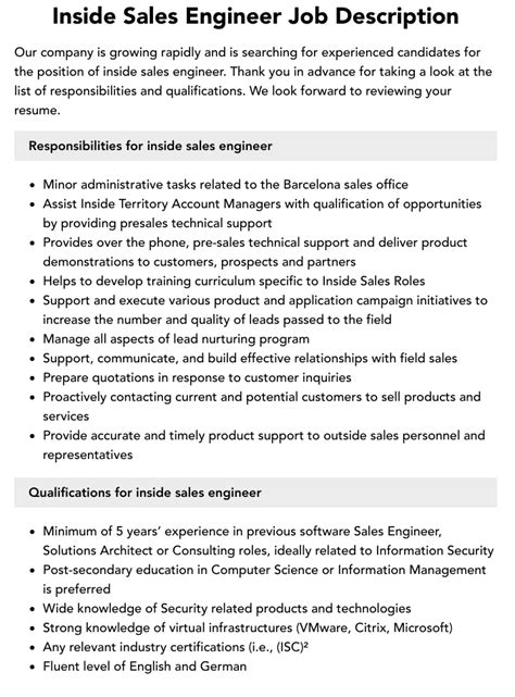 Inside Sales Engineer Job Description Velvet Jobs