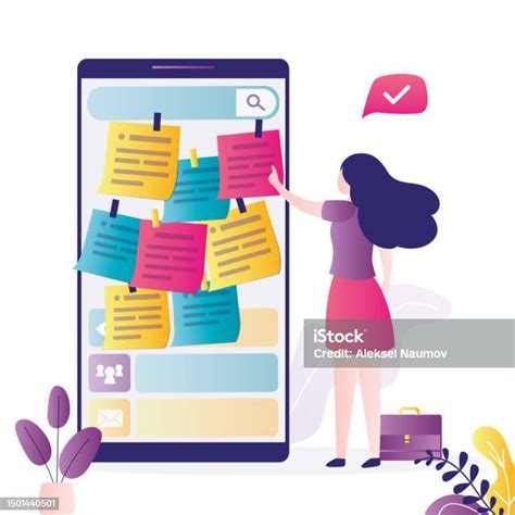 일정 및 메모 모바일 응용 프로그램 똑똑한 여자는 앱의 스티커 메모에 목표를 씁니다 기업가는 다양한 비즈니스 목표를 설정합니다