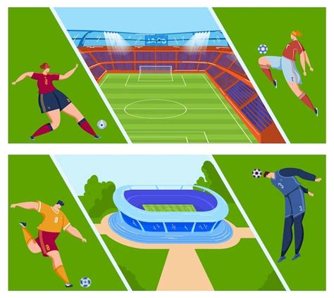 축구 선수 축구 필드 축구 공 캐릭터 팀 남자 양식 게임 선수 경기장 디자인 만화 스타일 벡터 일러스트 레이 션 프리미엄 벡터