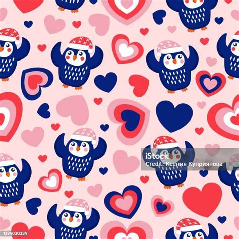 세인트 발렌타인 데이 핑크 레드 화이트 모자와 스카프를 입은 블루 베이비 펭귄 손을 들고 춤을 추고 있습니다 분홍색 배경 마음 벽지 직물 스크랩북 및 포장지 겨울에 대한