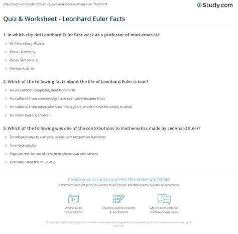 Quiz And Worksheet Leonhard Euler Facts