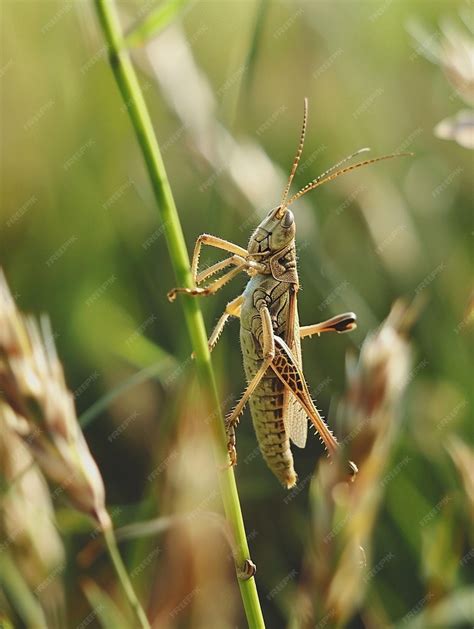 Closeup Of Grasshopper On Green Plant Stem In Natural Habitat Premium