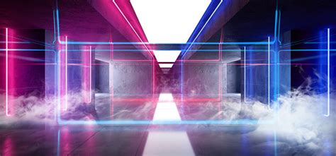 연기 안개 공상 과학 Fi 네온 사이버 미래 지향적 인 현대 복고풍 외계인 댄스 클럽 어두운 빈 그런 지 콘크리트 반사 방 복도 배경 3d 렌더링에서 보라색 핑크 블루 빛을