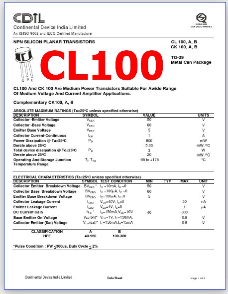 Cl100 Pdf Datasheet 50v 1a Npn Transistor To 39