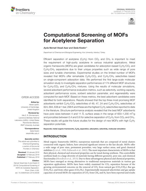 Pdf Computational Screening Of Mofs For Acetylene Separation
