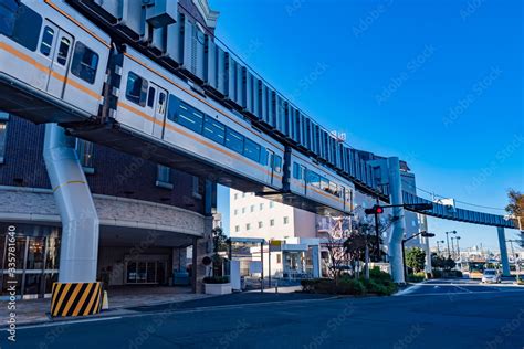 Japan The Train Is Moving On The Overhead Railway In Fujisawa An Unusual Railway Transport Of