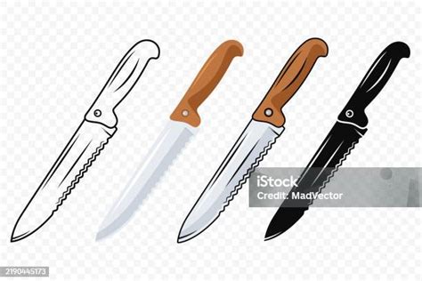 벡터 부엌 칼 아이콘 세트입니다 톱니 모양의 칼을 가진 빵 칼 부엌 칼 디자인 템플릿 윤곽선 컬러 실루엣 나이프 벡터 일러스트 레이 션 가장자리에 대한 스톡 벡터 아트 및