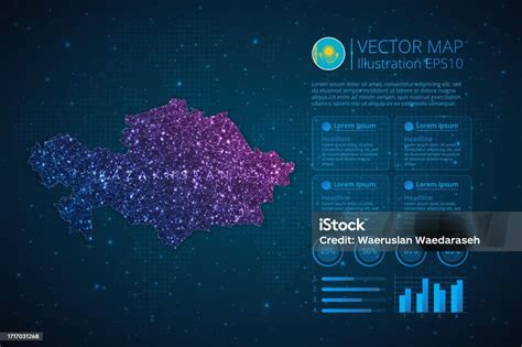 카자흐스탄 지도 인포그래픽 템플릿은 다이어그램 그래프 프리젠테이션 및 차트에 파란색 배경에 추상적인 기하학적 메쉬 다각형 조명 개념을 가지고 있다 0명에 대한 스톡 벡터