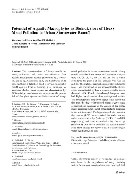 Pdf Potential Of Aquatic Macrophytes As Bioindicators Of Heavy Metal Pollution In Urban