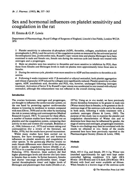 Sex And Hormonal Influences On Platelet Sensitivity And Coagulation In The Rat Pmc