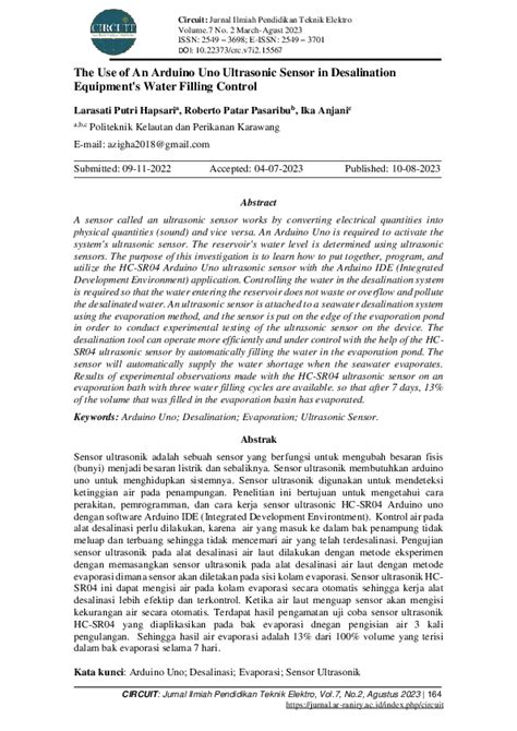 Pdf The Use Of An Arduino Uno Ultrasonic Sensor In Desalination