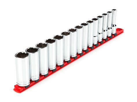 Tekton 1 2 Inch Drive Deep 12 Point Socket Set With Rail 15 Piece 10 24 Mm Shd92108 Techs