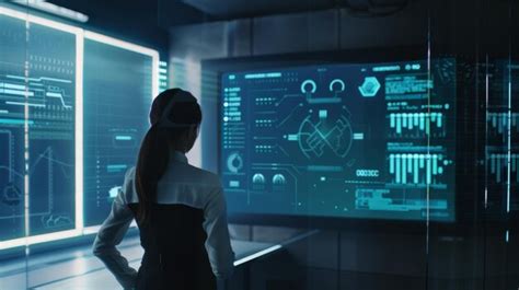 A Professional Stands In A Hightech Control Room Observing Multiple Digital Screens With Complex