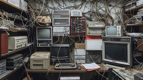 Messy Cluttered Room With Old Electronic Devices Computer Equipment And Wires Premium Ai
