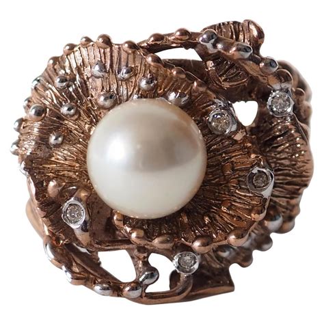 Natural White Pearls Bronze Diamonds Ring For Sale At 1stdibs