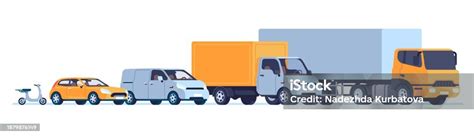 오토바이에서 화물 트럭에 이르기까지 자동차 다른 자동차 해치백 세단 또는 스쿠터 콘테이너 트레일러를 가진 운임 화물 트럭 도시 도로 교통 자동차 교통 벡터 개념 세미 트럭에