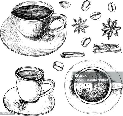 커피 머그잔 평면도 에스프레소 카푸치노 계피 스틱 아니스 및 커피 콩 세트와 함께 벡터 손으로 그린 개요 그림 갈색에 대한 스톡
