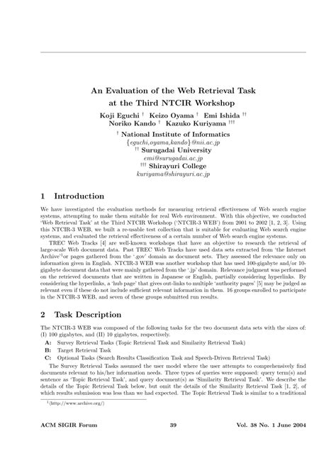 pdf the web retrieval task and its evaluation in the third ntcir workshop