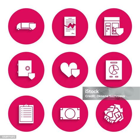 방패 스택 종이 돈 현금 구겨진 공 문서 그래프 차트 클립 보드 체크 리스트 안전 쇼핑 건물 및 배달화물 트럭 아이콘으로 마음을 설정합니다 벡터 구겨진에 대한 스톡 벡터