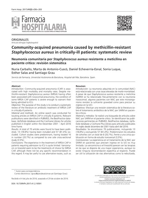 Pdf Community Acquired Pneumonia Caused By Methicillin Resistant Staphylococcus Aureus In