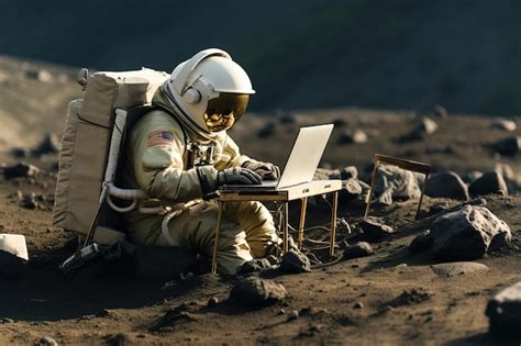premium photo a man programmer in a spacesuit coding using a laptop computer on the moon work
