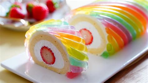 레인보우 젤리 딸기 생크림 롤케이크 🌈 Rainbow Jelly Roll Cake Amazing Cake Cup Measure Youtube