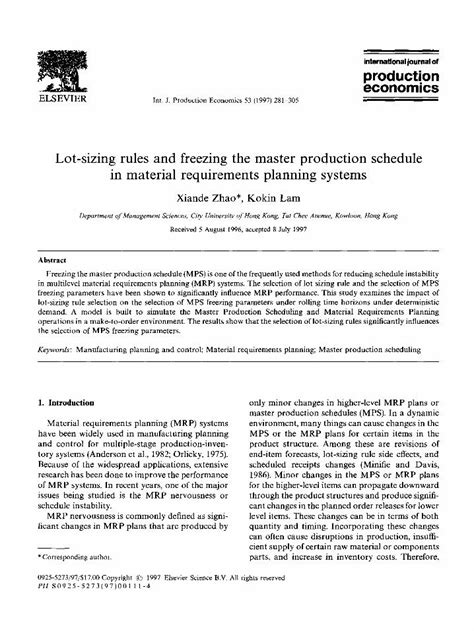 Pdf Lot Sizing Rules And Freezing The Master Production Schedule In Material Requirements