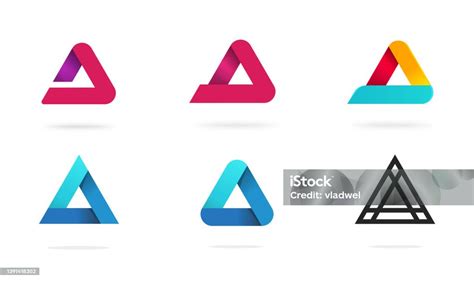 삼각형 로고 브랜드 아이콘 벡터 또는 프리즘 삼위 일체 피라미드 기하학적 로고 타입 3d 블루 레드 오렌지 퍼플 컬러 이미지