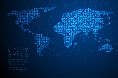 추상적인 기하학적 Bokeh 서클 도트 픽셀 패턴 세계 지도 모양 개념 디자인 파란색 그림 복사 공간 블루 그라데이션 배경에 고립 된 벡터 0명에 대한 스톡 벡터 아트 및