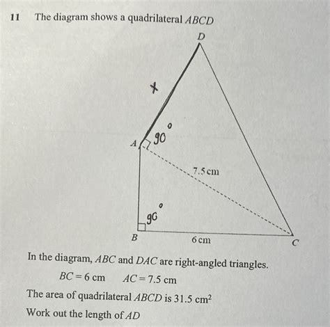 Solved: 11 The diagram shows a quadrilateral ABCD In the diagram, ABC and DAC are right-angled ...