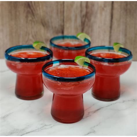 Longshore Tides Mexican Hand Blown Glass Hand Blown Stemless Blue Rim Margarita Glasses 14oz