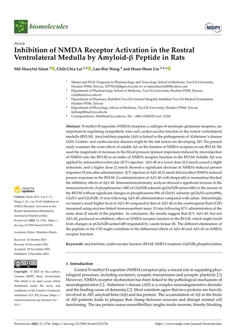 Pdf Inhibition Of Nmda Receptor Activation In The Rostral Ventrolateral Medulla By Amyloid β