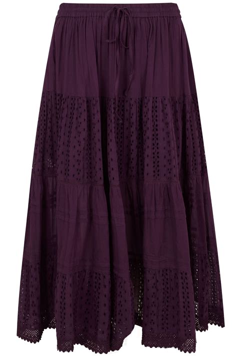 Purple Tiered Broderie Maxi Skirt Plus Size 16 To 36