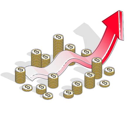 성공 및 소득 성장 개념 흰색 배경에 격리된 현금 스택이 있는 성장 차트 통계 막대 벡터 3d 아이소메트릭 비즈니스 및 금융 그림 얇은 라인 디자인 프리미엄 벡터