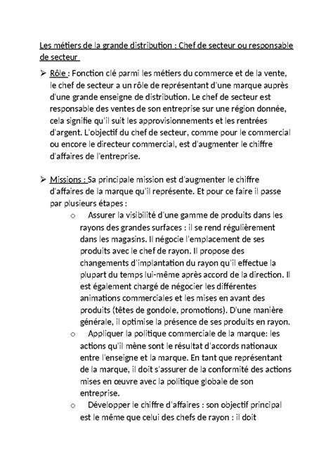 Exposé Rcar Fiche Les Métiers De La Grande Distribution Chef De Secteur Ou Responsable De